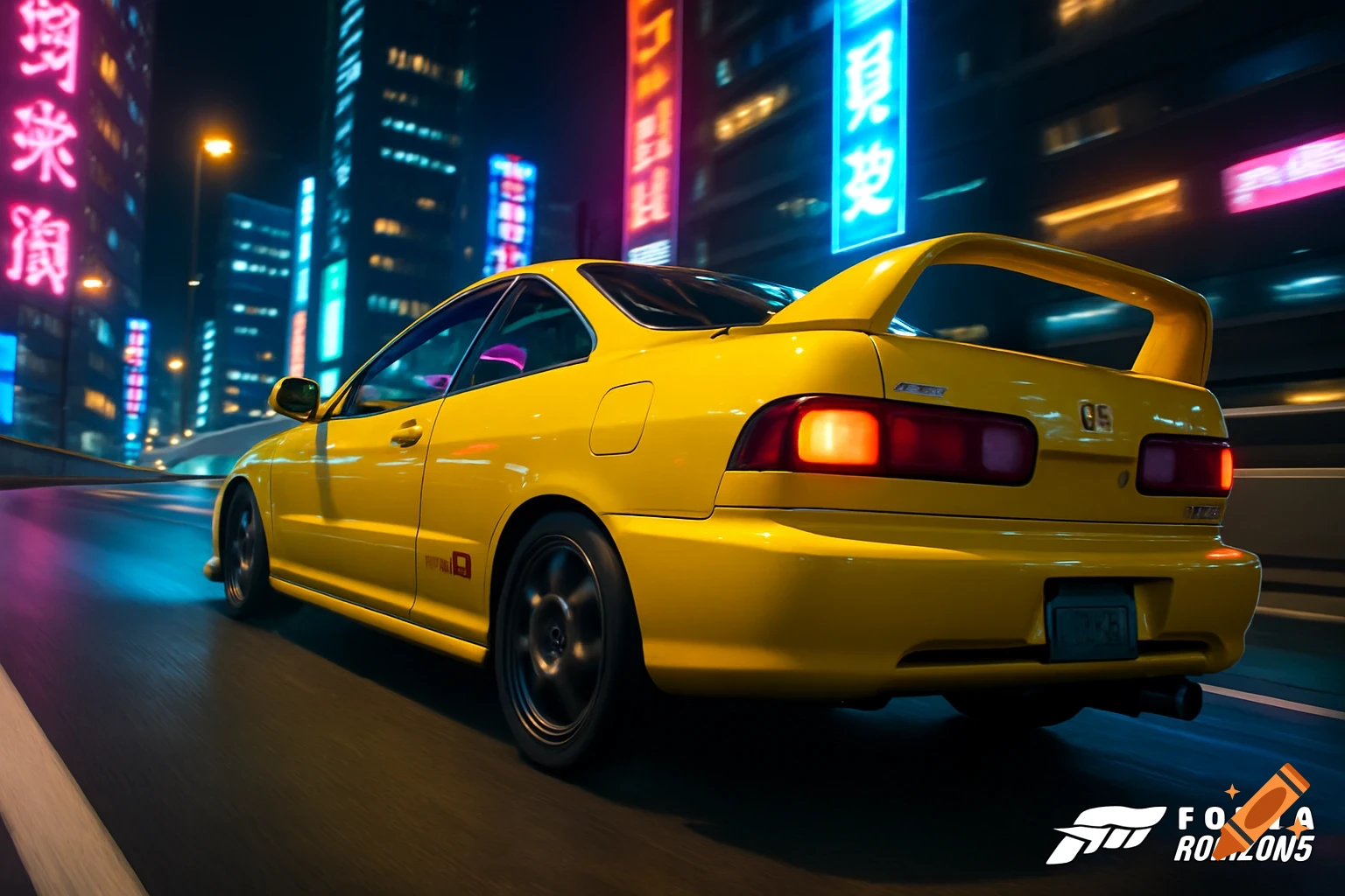A vibrant yellow Honda Integra Type R drives on a highway at night in a ...