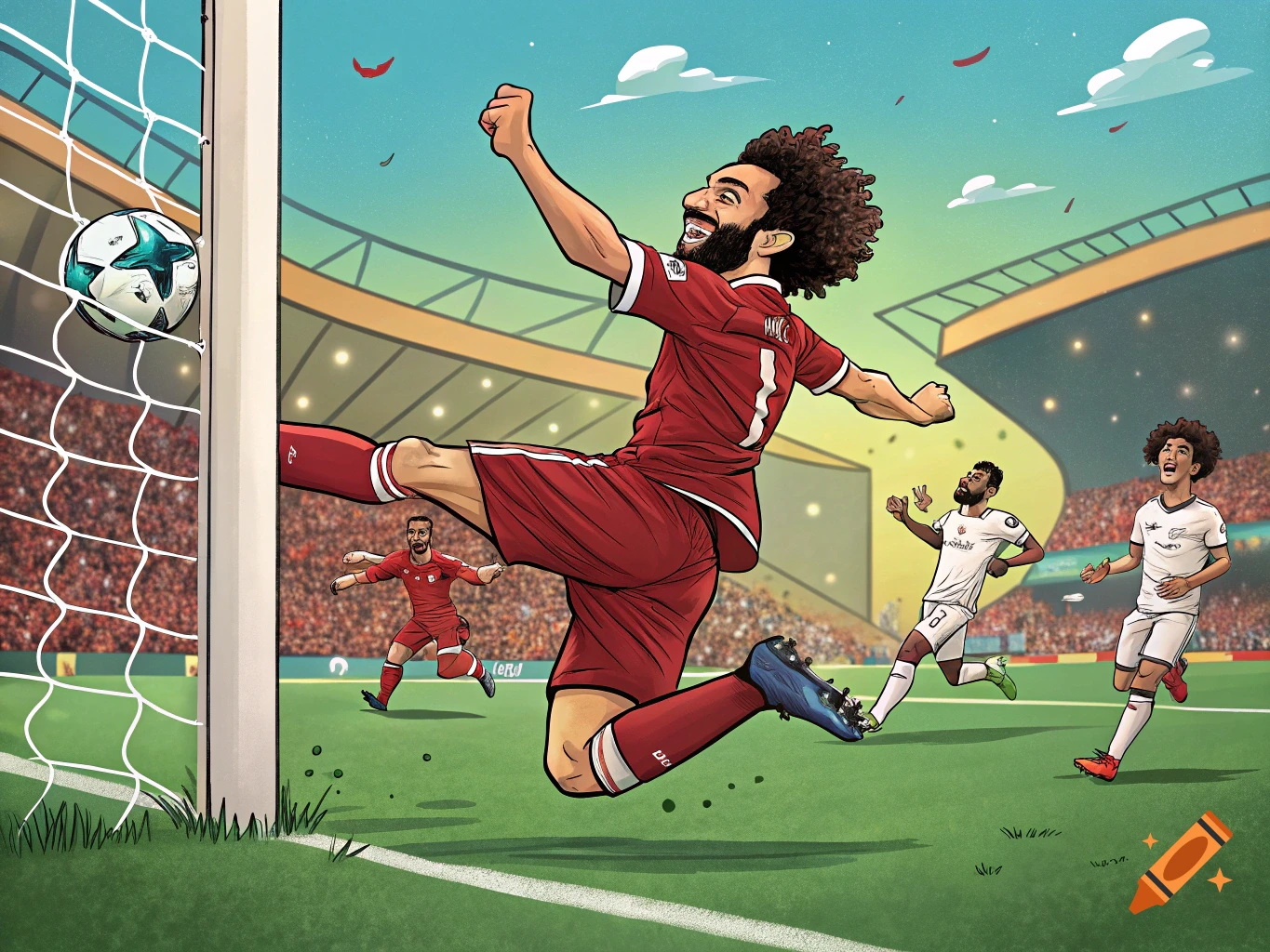 Cartoon style soccer player celebrates scoring a goal in a stadium. on ...