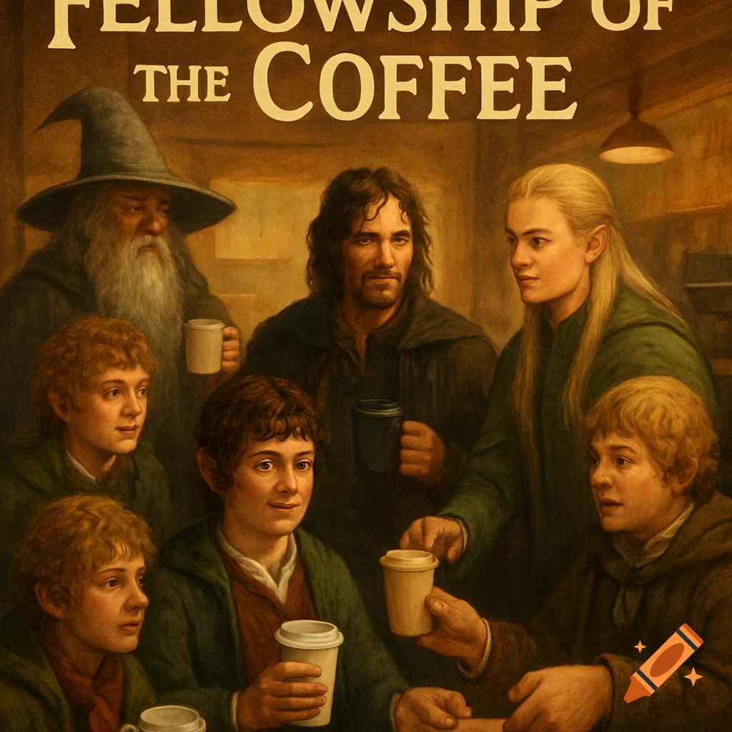 Painting of Lord of the Rings characters, including Gandalf and Hobbits ...