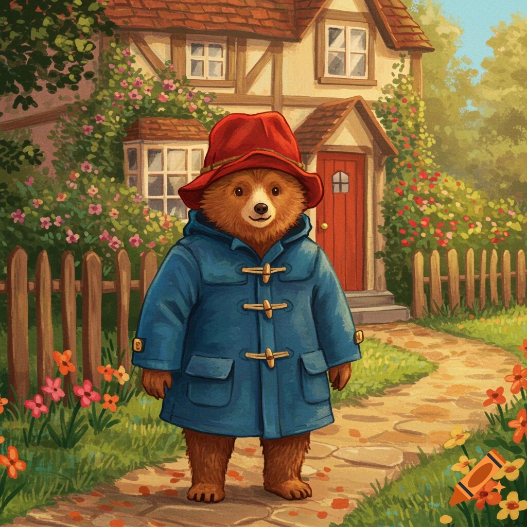 Paddington Bear in a red hat and blue coat stands in a garden path in front of a cottage ...