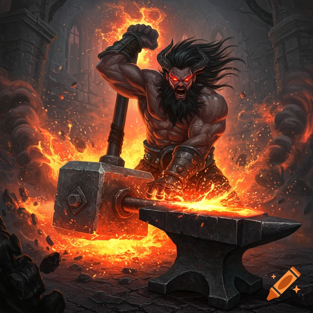 A powerful demonic figure with red eyes and horns hammers glowing metal ...
