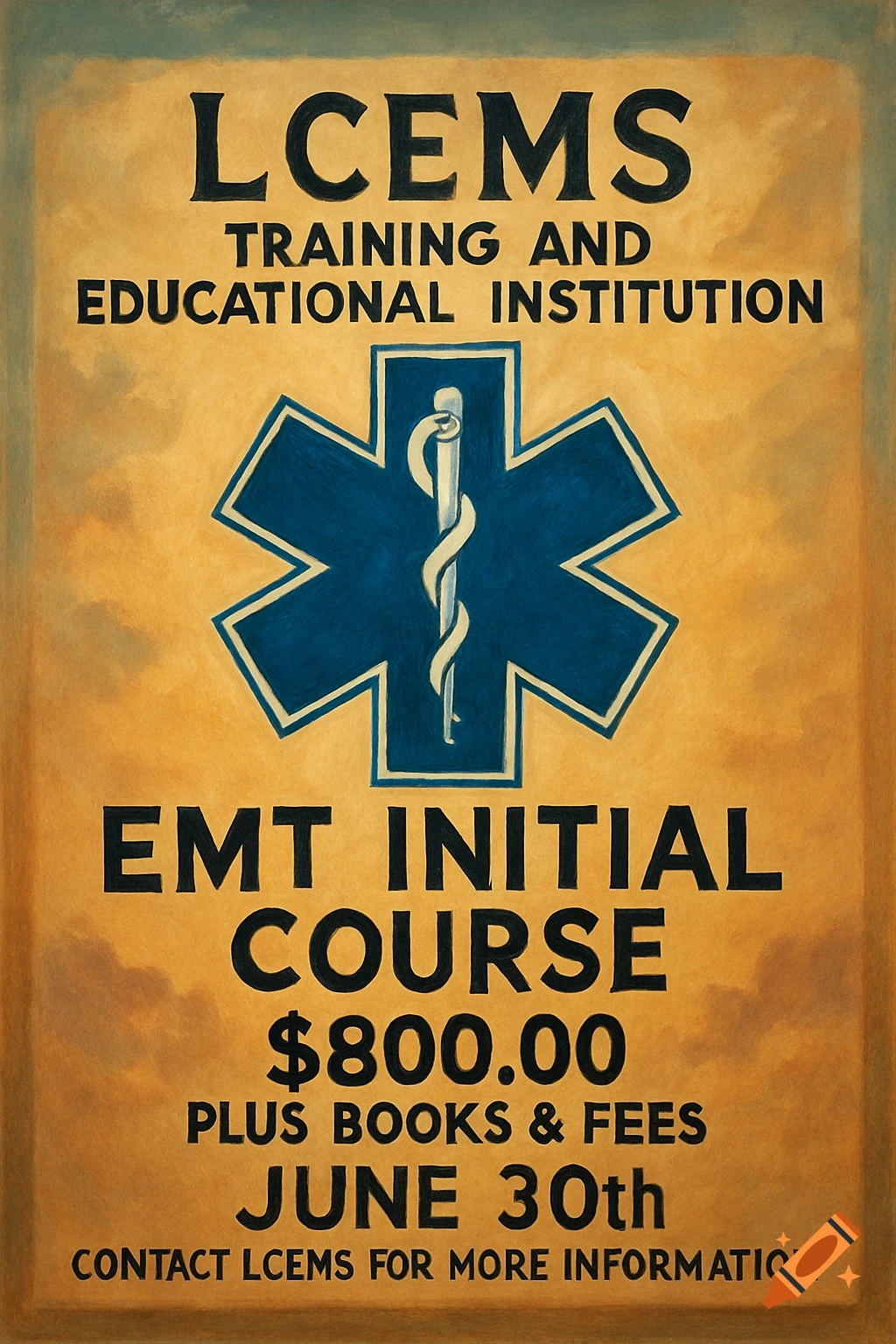 Flyer for an EMT course with text and the Star of Life symbol on Craiyon