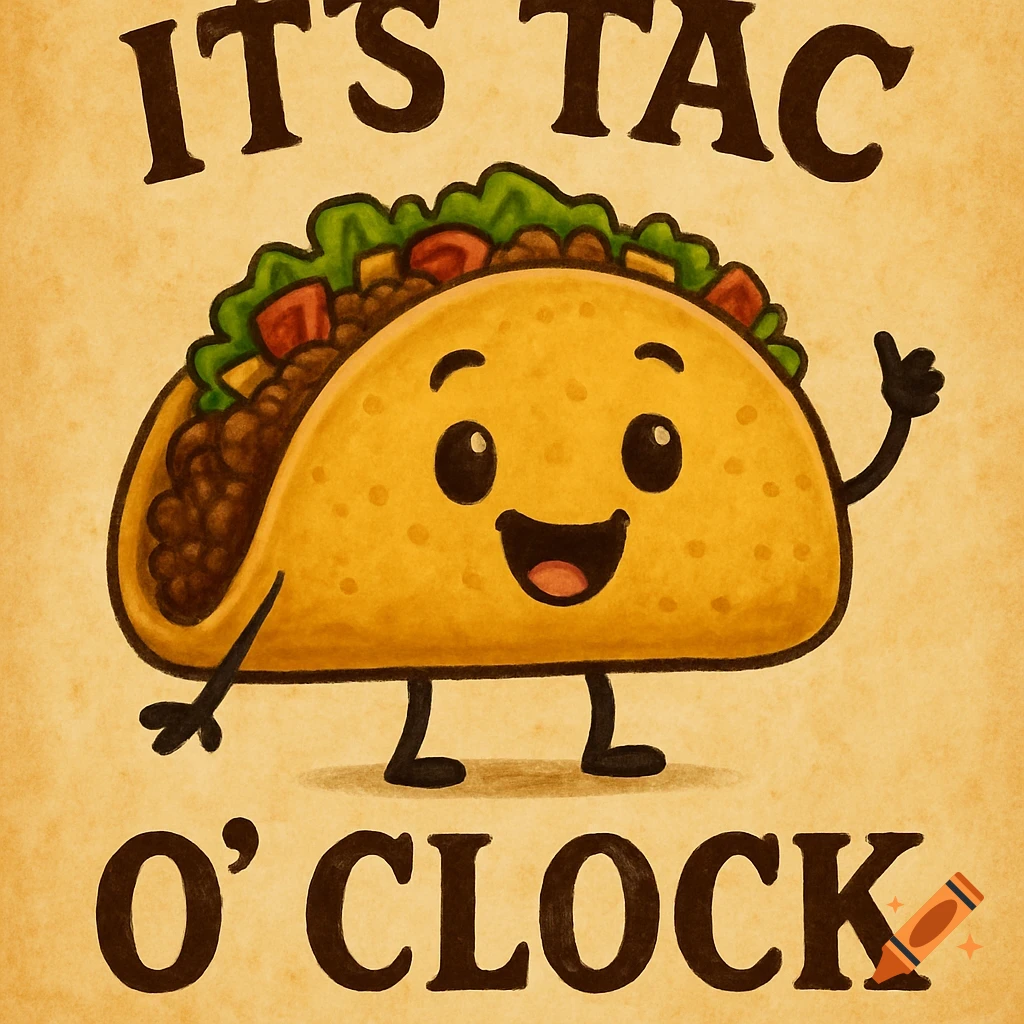 Cartoon taco character giving a thumbs up with the text 'IT'S TAC O ...