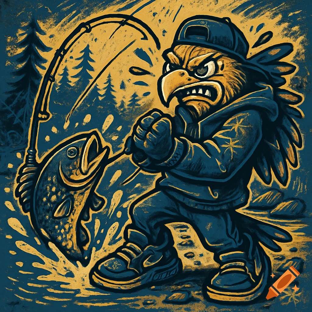 Cartoon graffiti illustration of a hawk reeling in a large fish in a ...