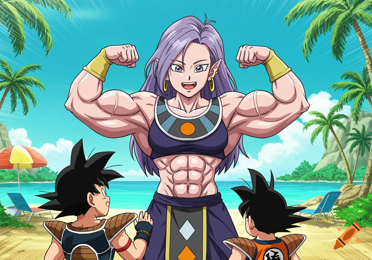 Muscular anime woman flexing for two boys on a beach. on Craiyon
