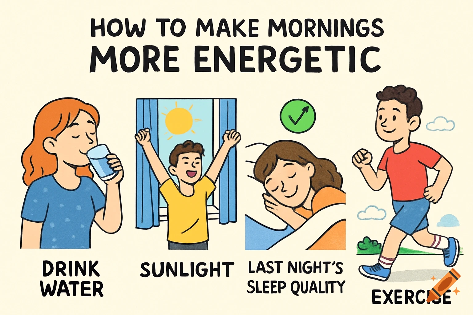 Cartoon illustration showing four ways to be more energetic in the ...