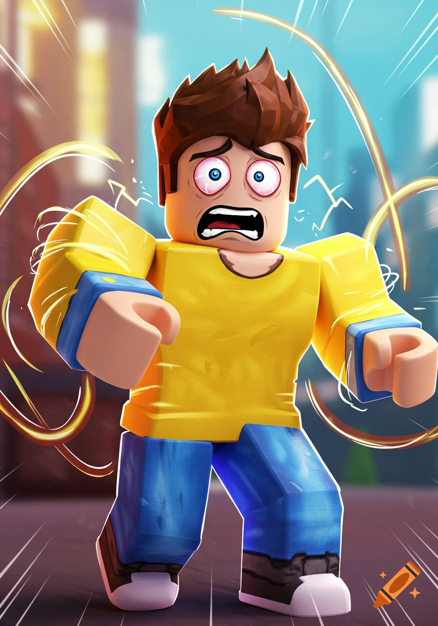 Roblox character looking stressed with wide eyes and energy lines ...