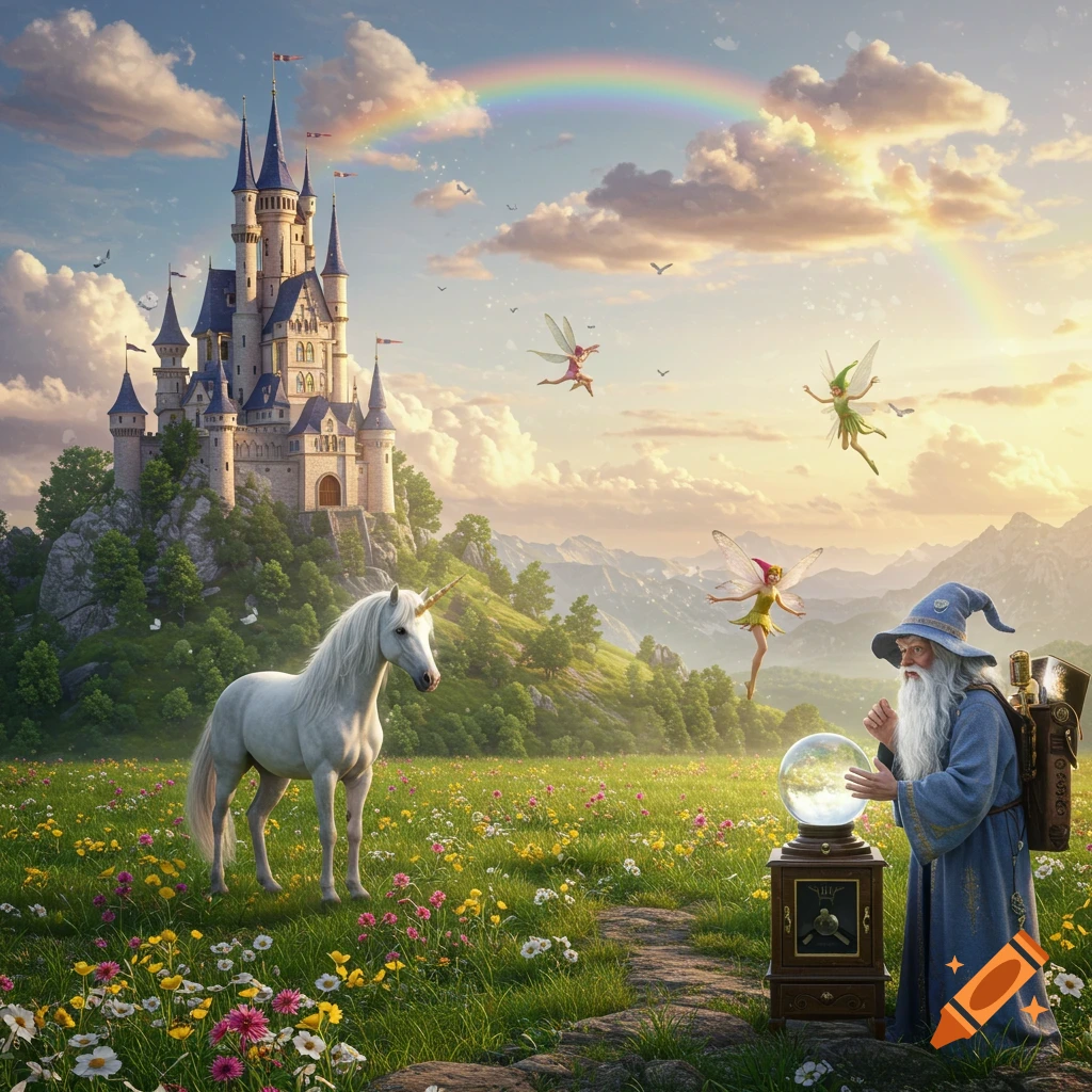 A fantasy landscape with a white unicorn, a wizard looking into a ...