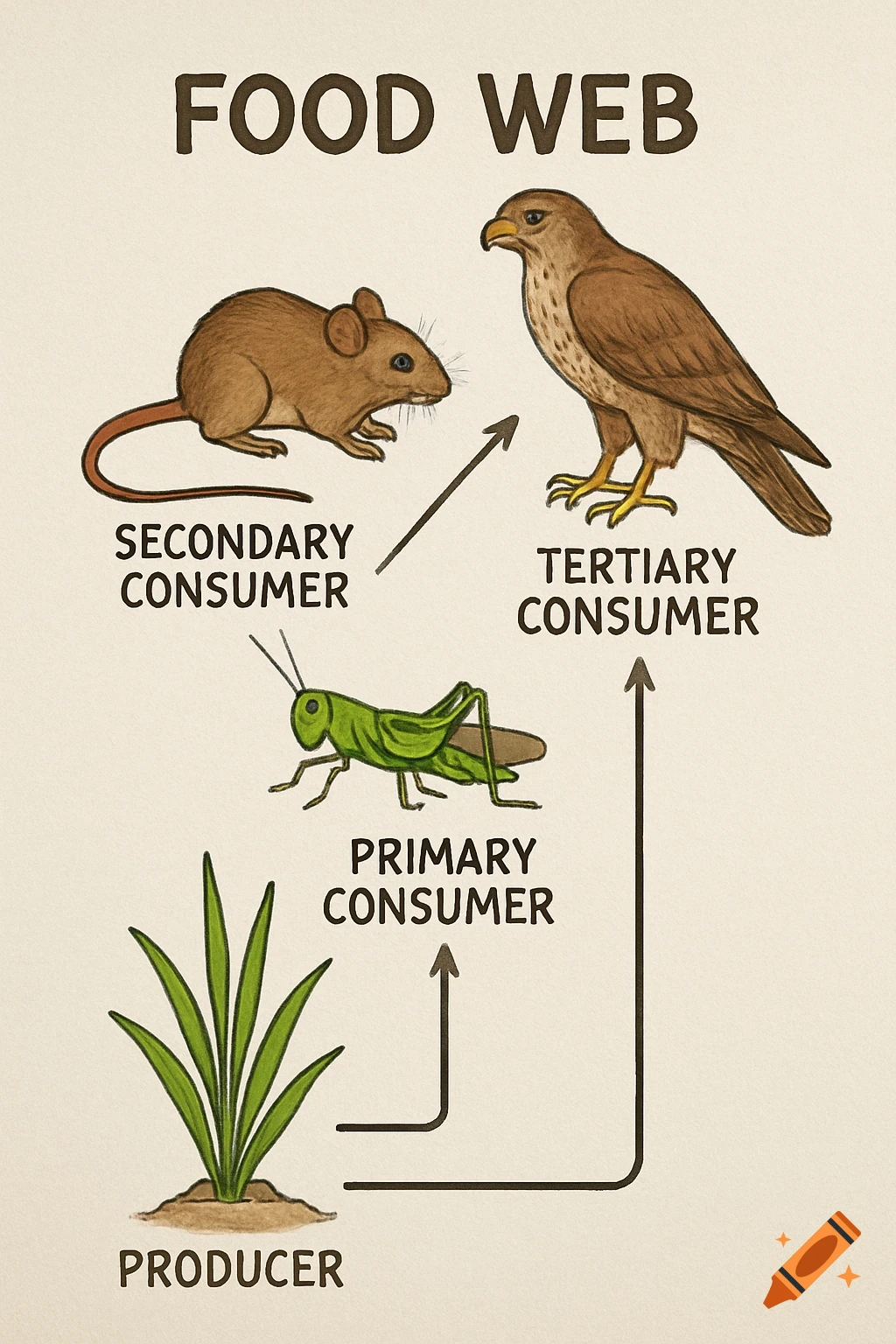 An illustration of a food web showing a mouse, hawk, grasshopper, and ...