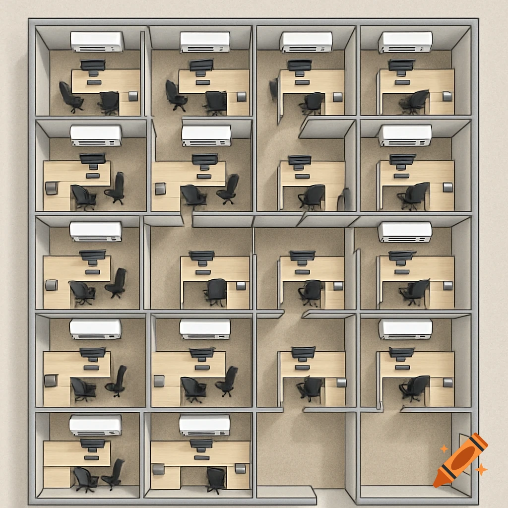 Top-down view of office cubicles on Craiyon