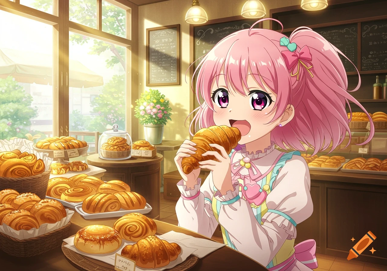 Anime girl with pink hair eating a croissant in a sunlit bakery filled ...
