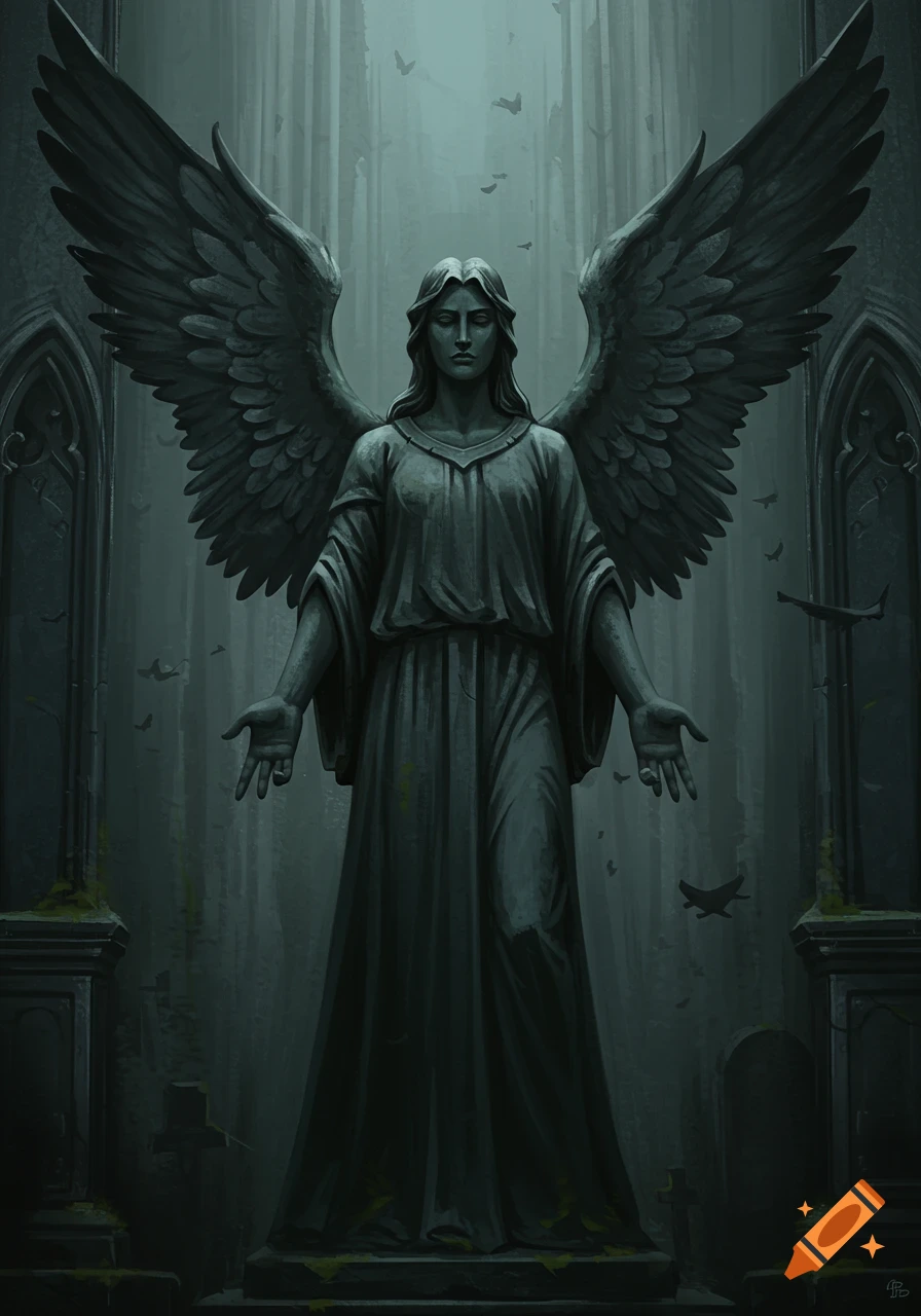 A large stone angel statue with dark wings stands in a moody gothic ...