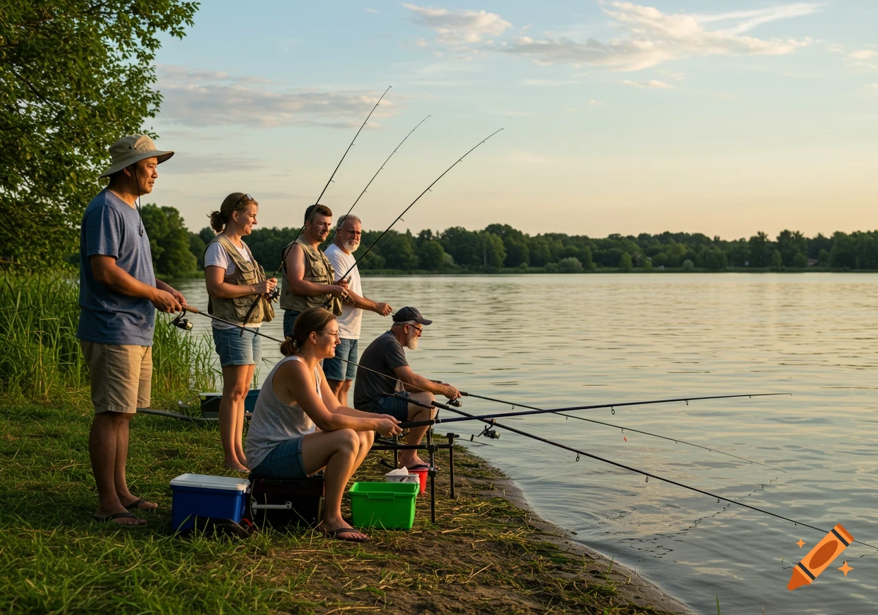 Group of people fishing by a lake at sunset. on Craiyon