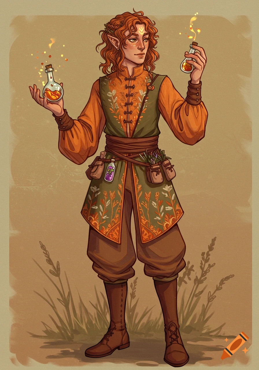 Illustration of a fantasy character in an alchemist outfit holding ...