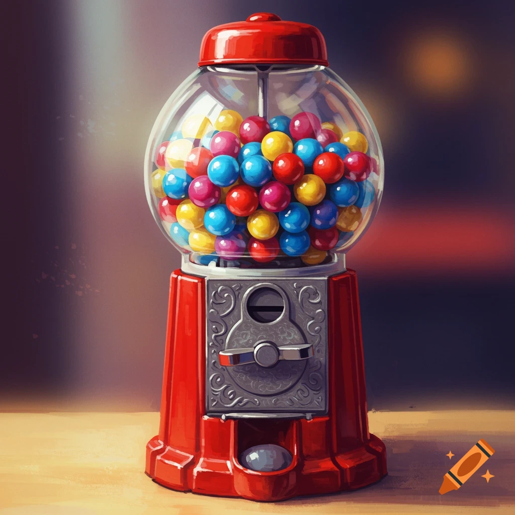 Close-up of a classic red gumball machine filled with colorful gumballs ...