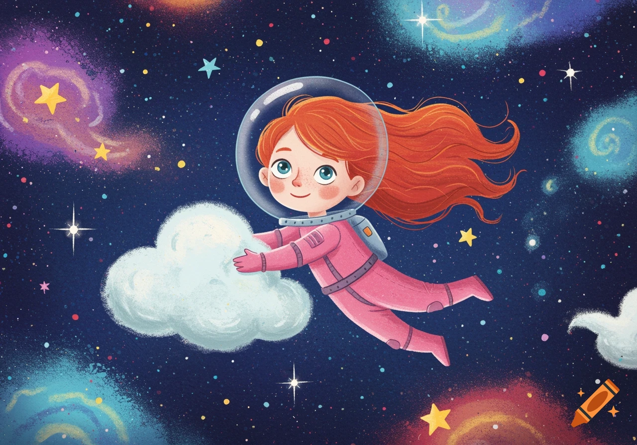 A cartoon girl in a pink astronaut suit floats through a colorful space scene. on Craiyon