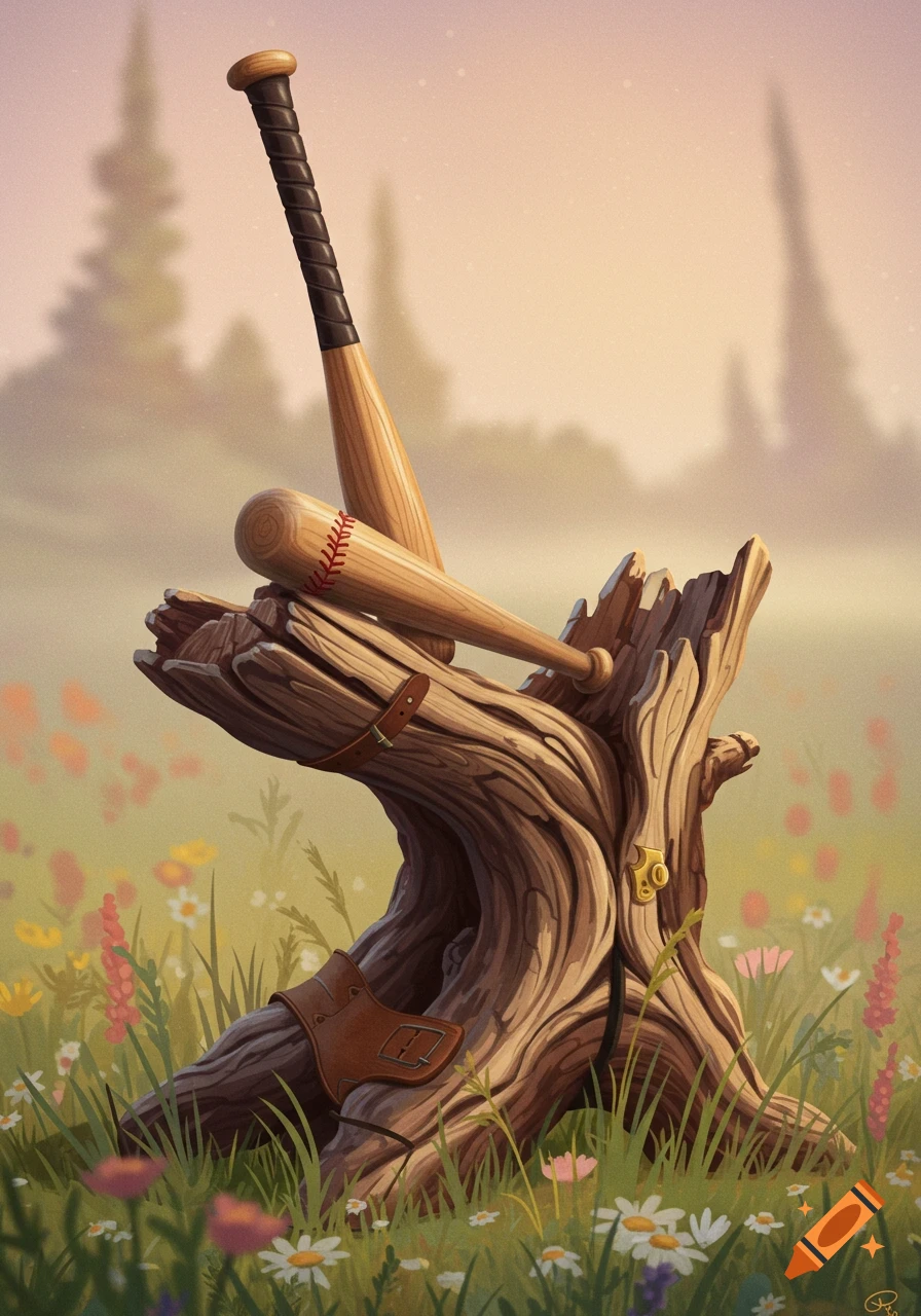 Two baseball bats rest on a weathered tree stump in a field of colorful ...