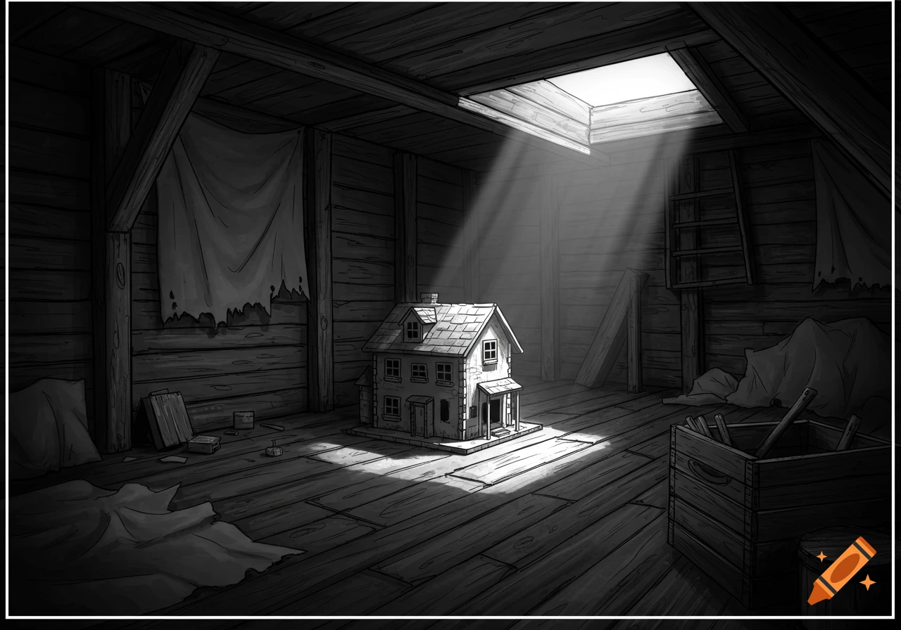 Black and white sketch of a detailed miniature house illuminated by a ...