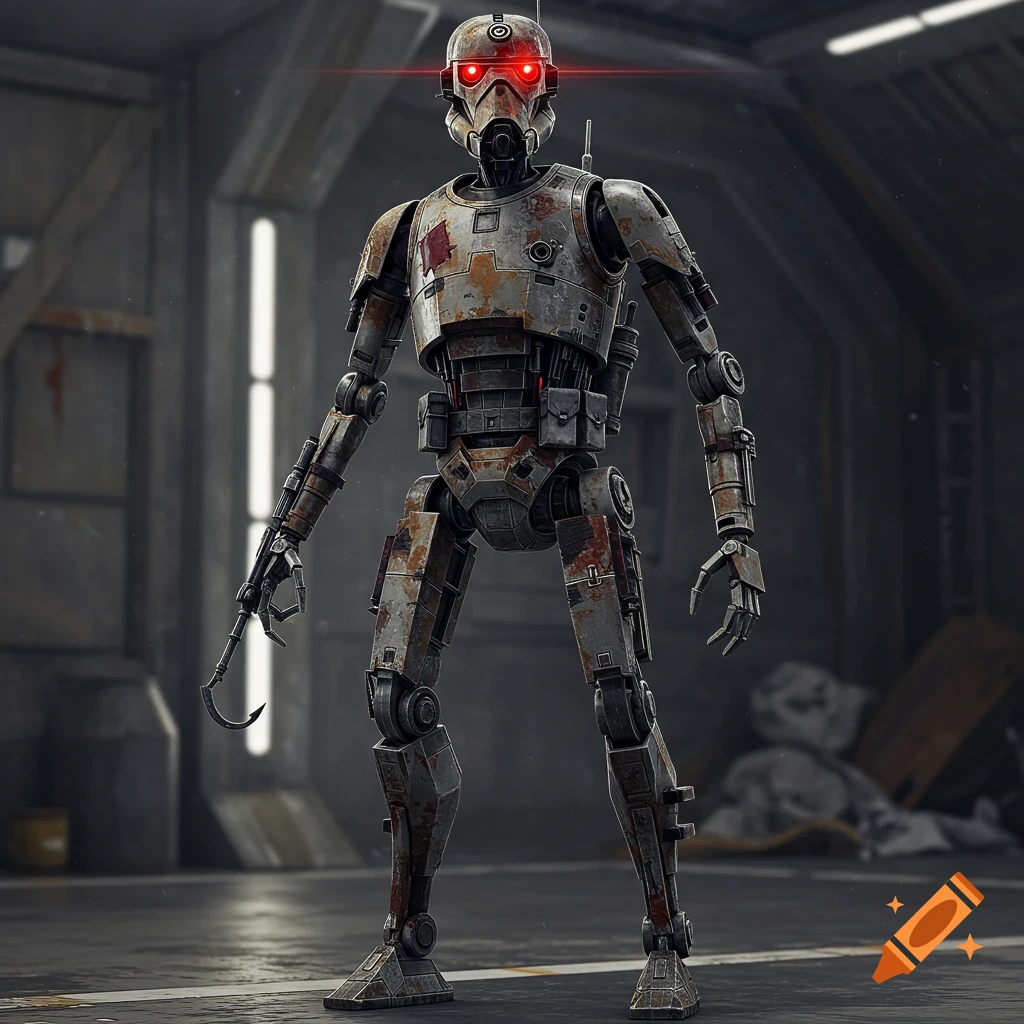 A rusted commando-style robot with glowing red eyes stands in a hangar ...
