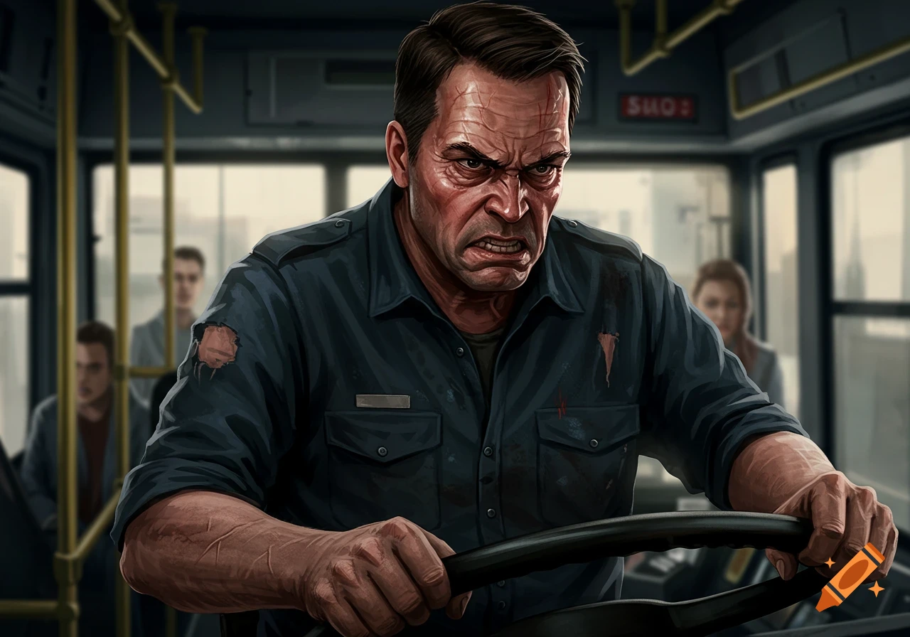 Illustration of an angry bus driver gripping the steering wheel while ...