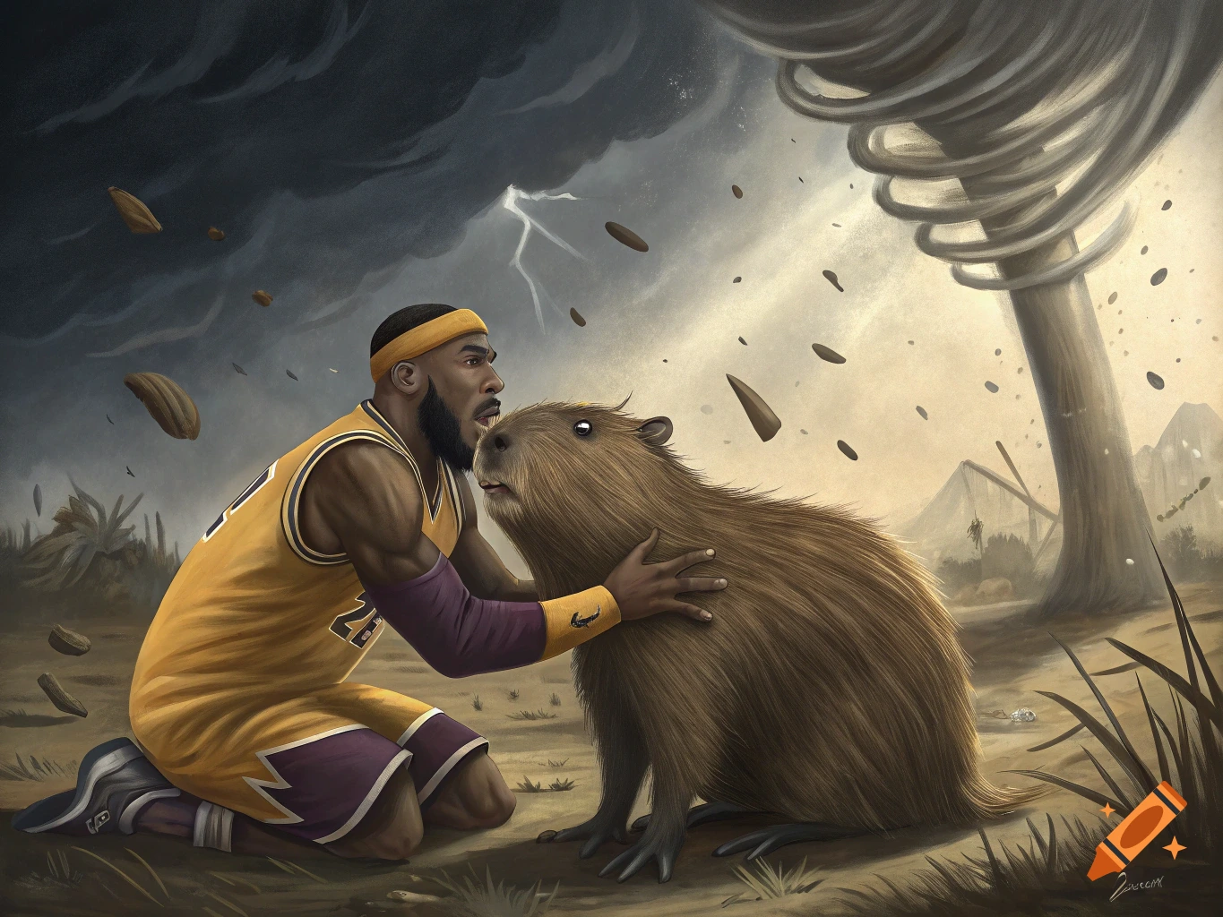 Painting of LeBron James kneeling and hugging a capybara while scared ...