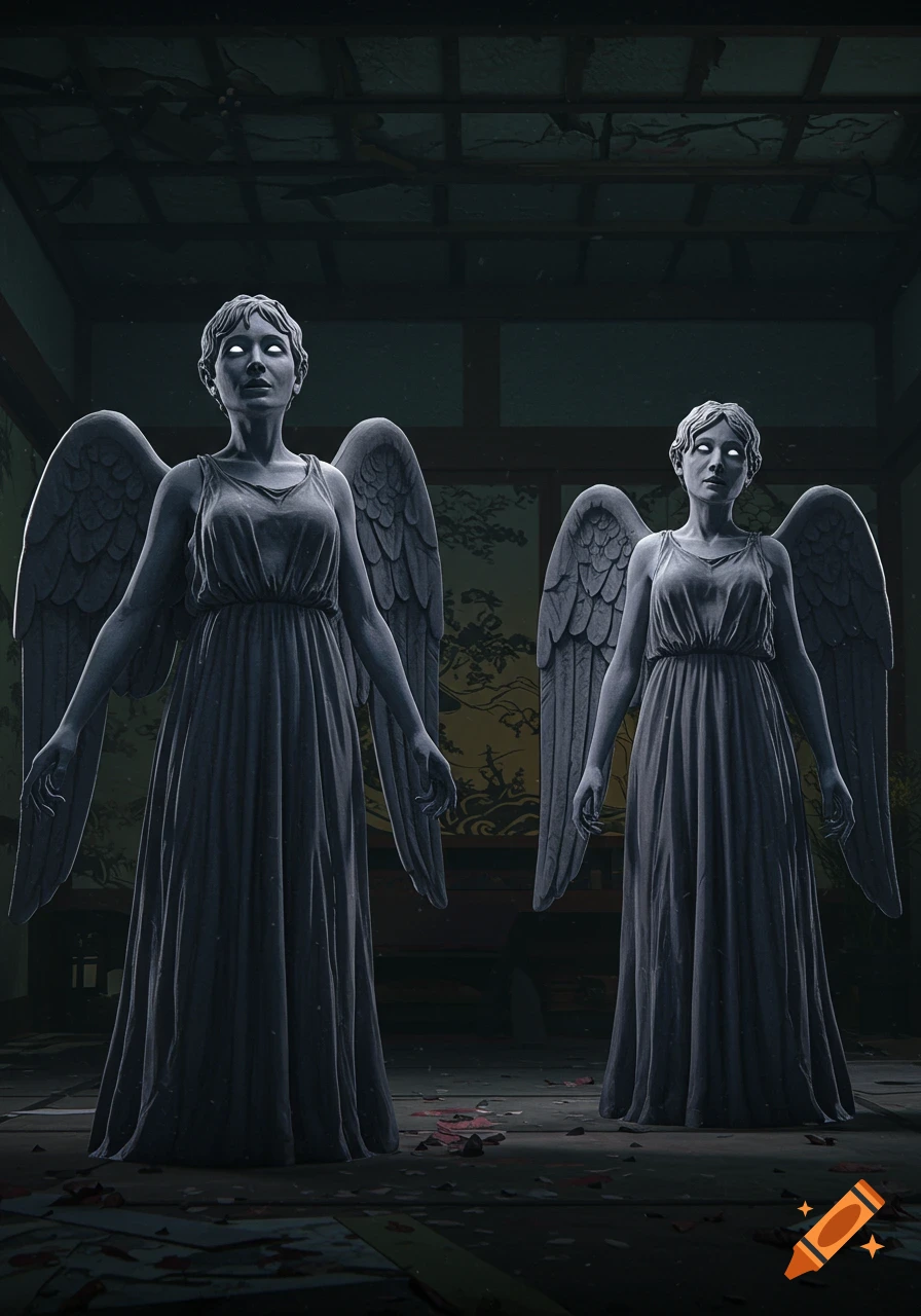 Two grey stone angel statues with glowing eyes stand in a dark, abandoned room. on Craiyon