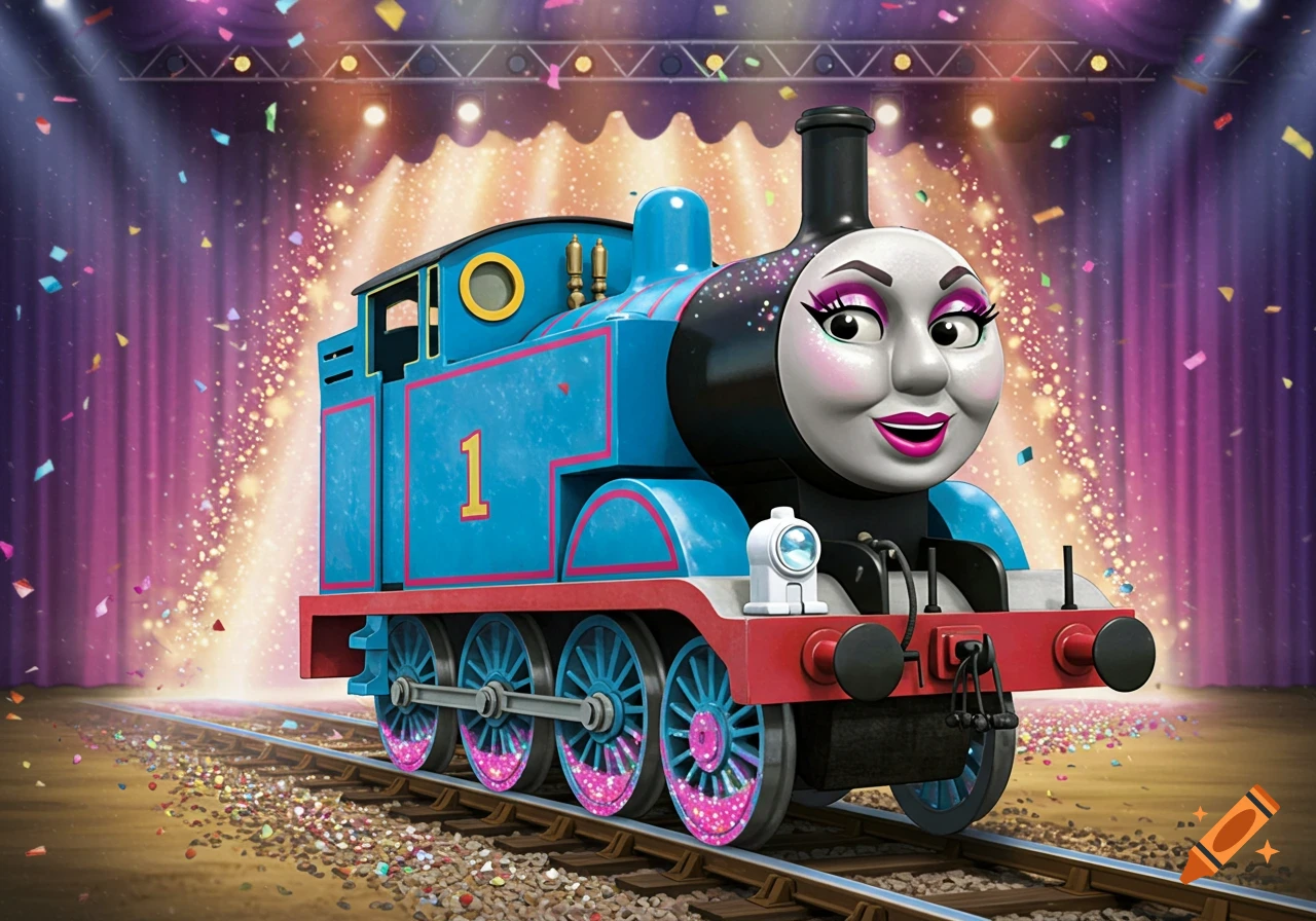 Illustration of Thomas the Tank Engine wearing drag makeup on a stage ...
