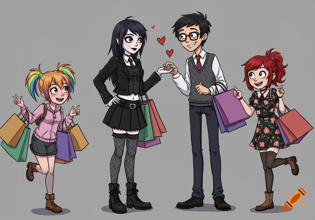Anime-style illustration of four friends shopping: a goth girl and her ...
