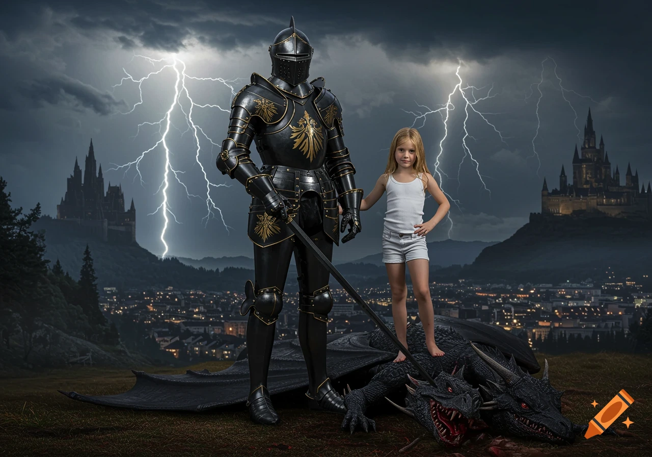 A knight in black armor with gold trim stands beside a young girl with ...