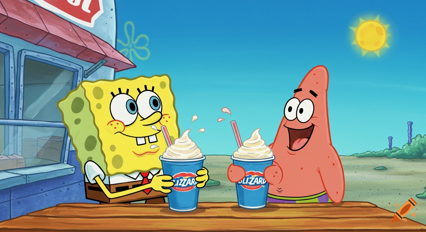 SpongeBob and Patrick drink blizzards on the beach. on Craiyon