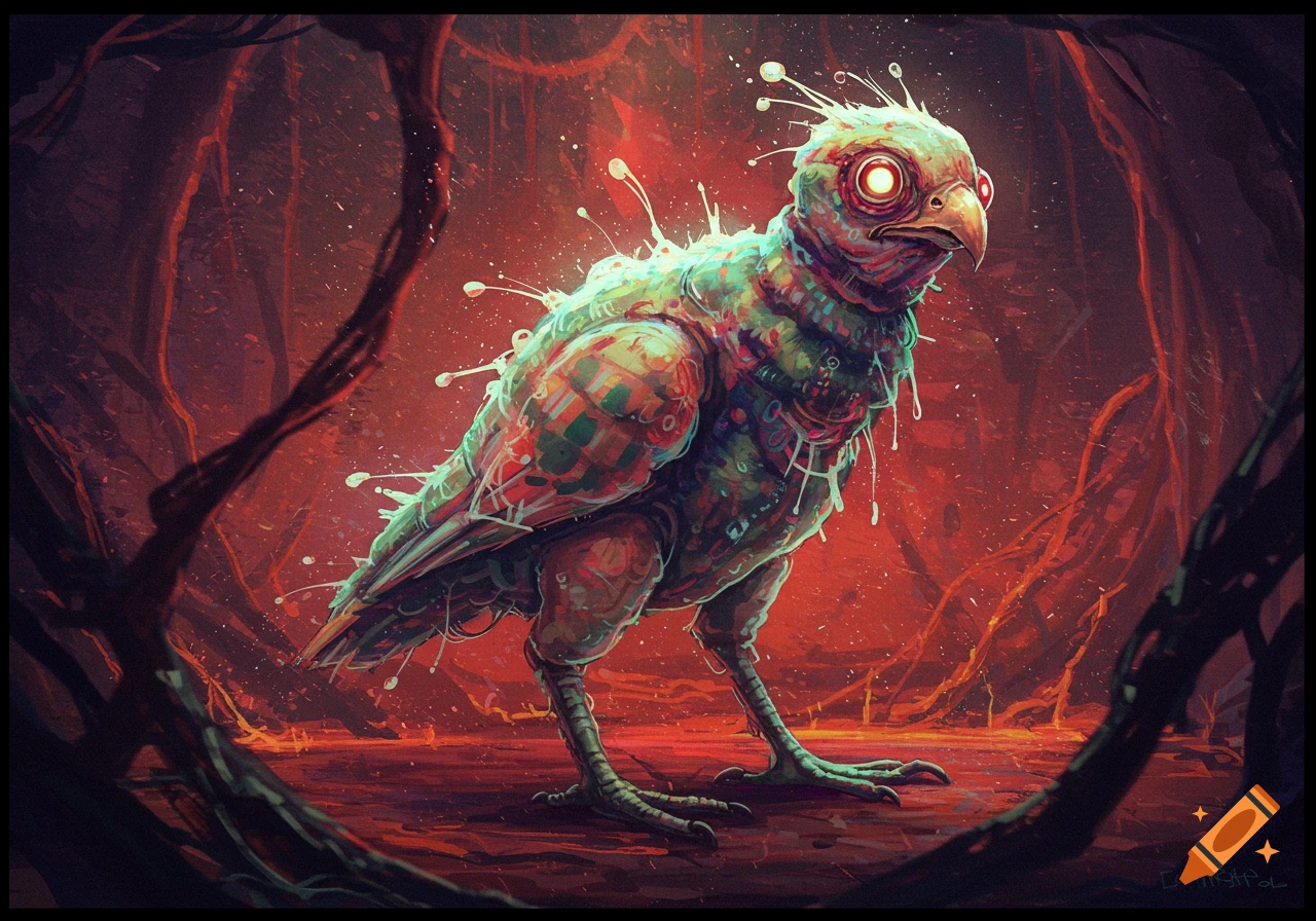 A strange, bird-like creature with glowing eyes stands in a dark red ...