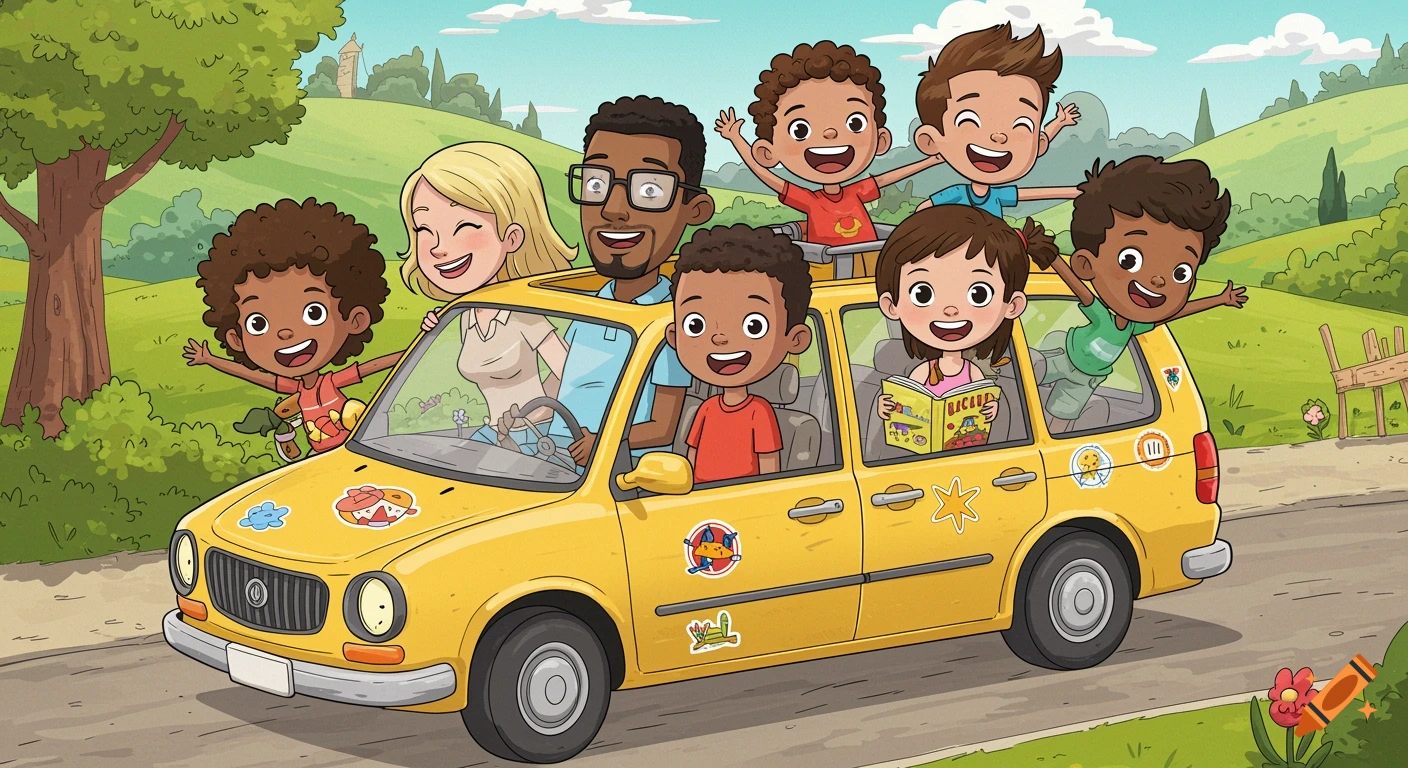 Cartoon illustration of a family in a yellow minivan driving on a road ...
