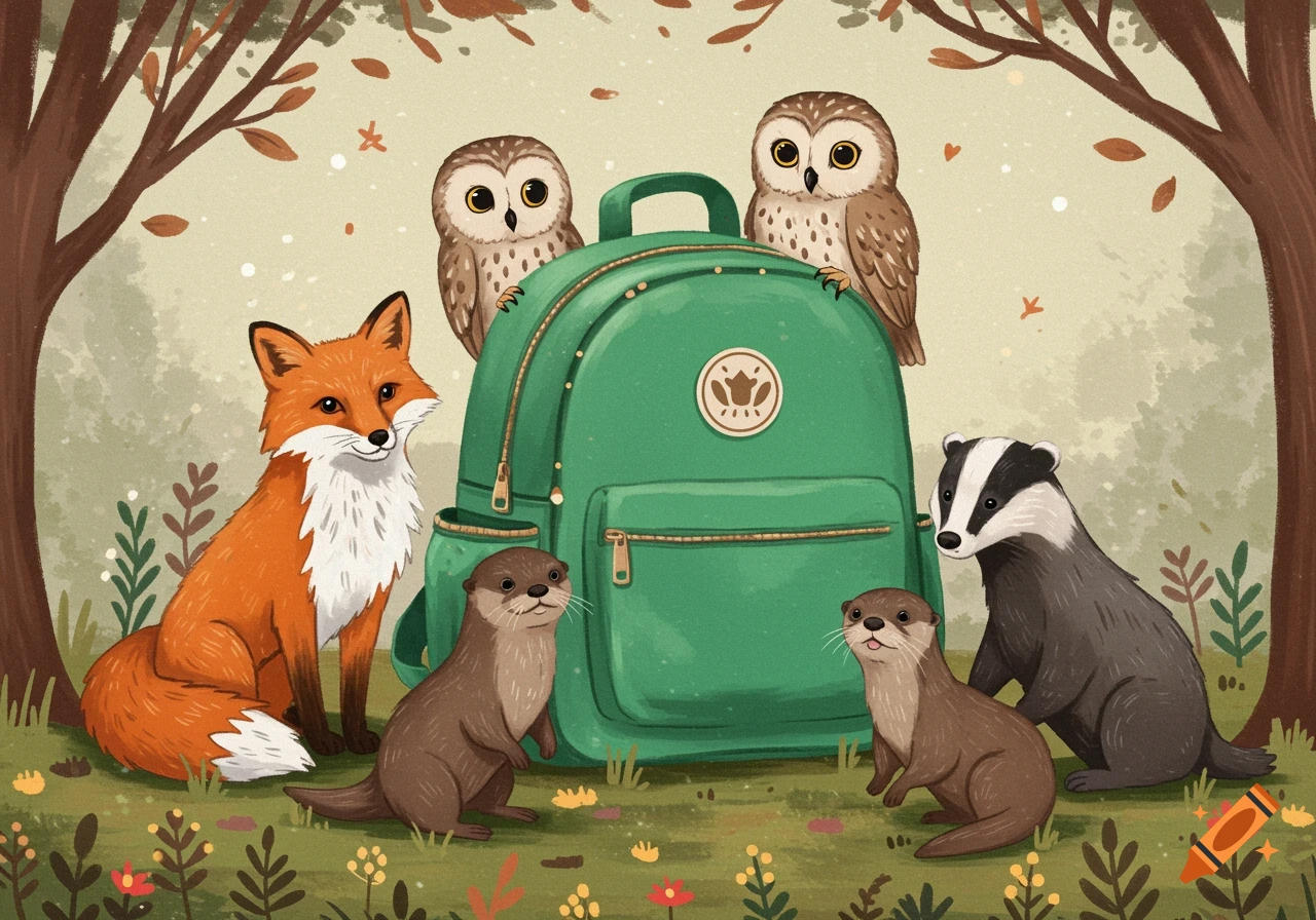 Stylized illustration of a fox, two owls, two otters, and a badger ...