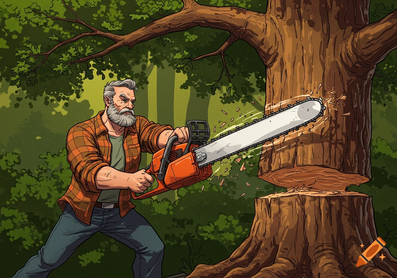 Illustration of a man cutting down a tree with a chainsaw in a forest ...