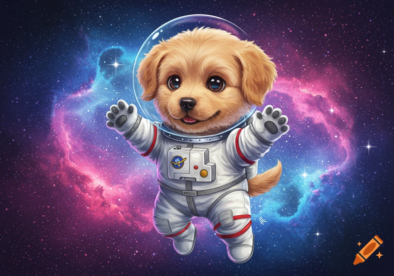 A cute puppy in an astronaut suit floats in space among colorful nebulae and stars. on Craiyon