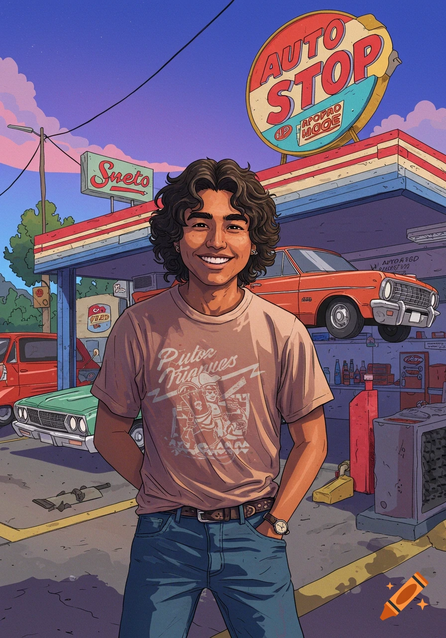 Stylized illustration of a young man smiling at an auto shop with ...