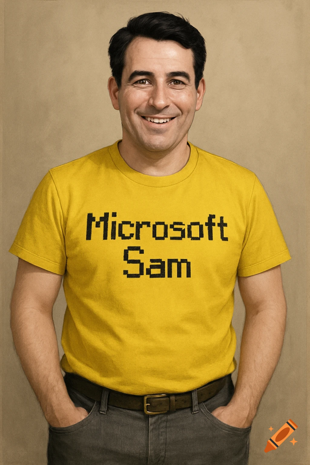 Portrait of a smiling man in a yellow shirt with 'Microsoft Sam' text. on Craiyon