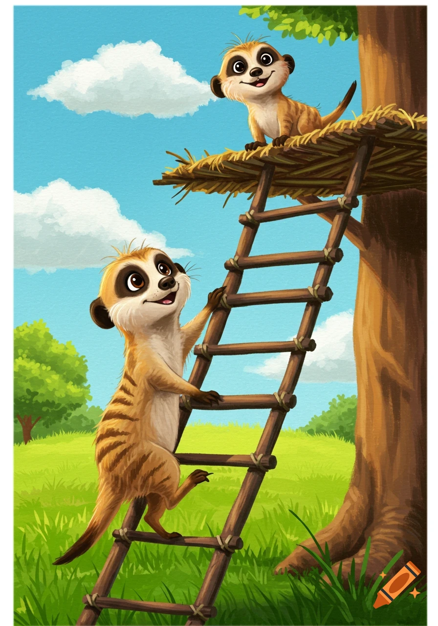 Illustration of two cartoon meerkats climbing a ladder to a tree ...