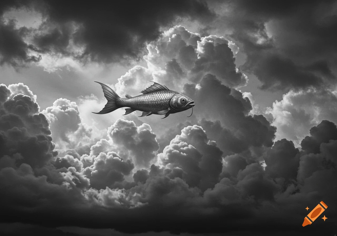 A surrealist black and white image of a fish flying through dark storm ...