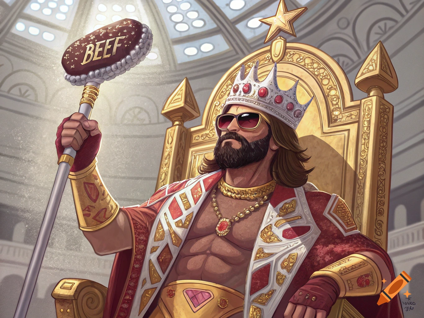 A regal figure resembling a wrestler sits on a throne, holding a ...