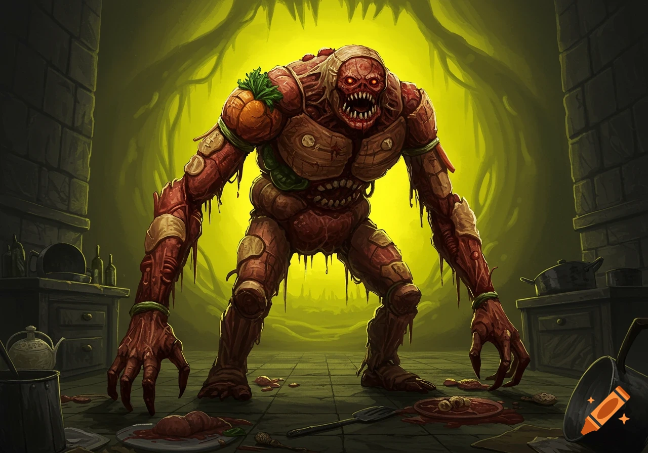 A monstrous meat creature with glowing eyes and sharp teeth stands in a ...