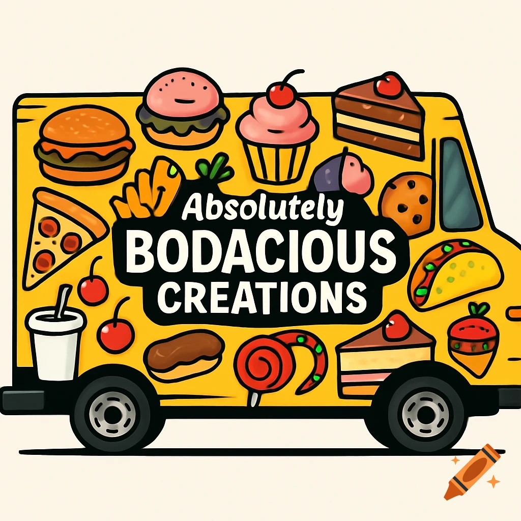 Cartoon food truck with various food items like pizza, burgers, tacos ...