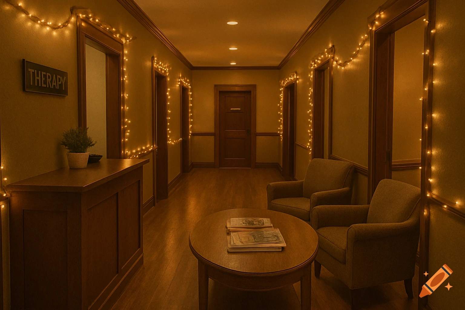A dimly lit therapy clinic hallway is decorated with warm string lights ...