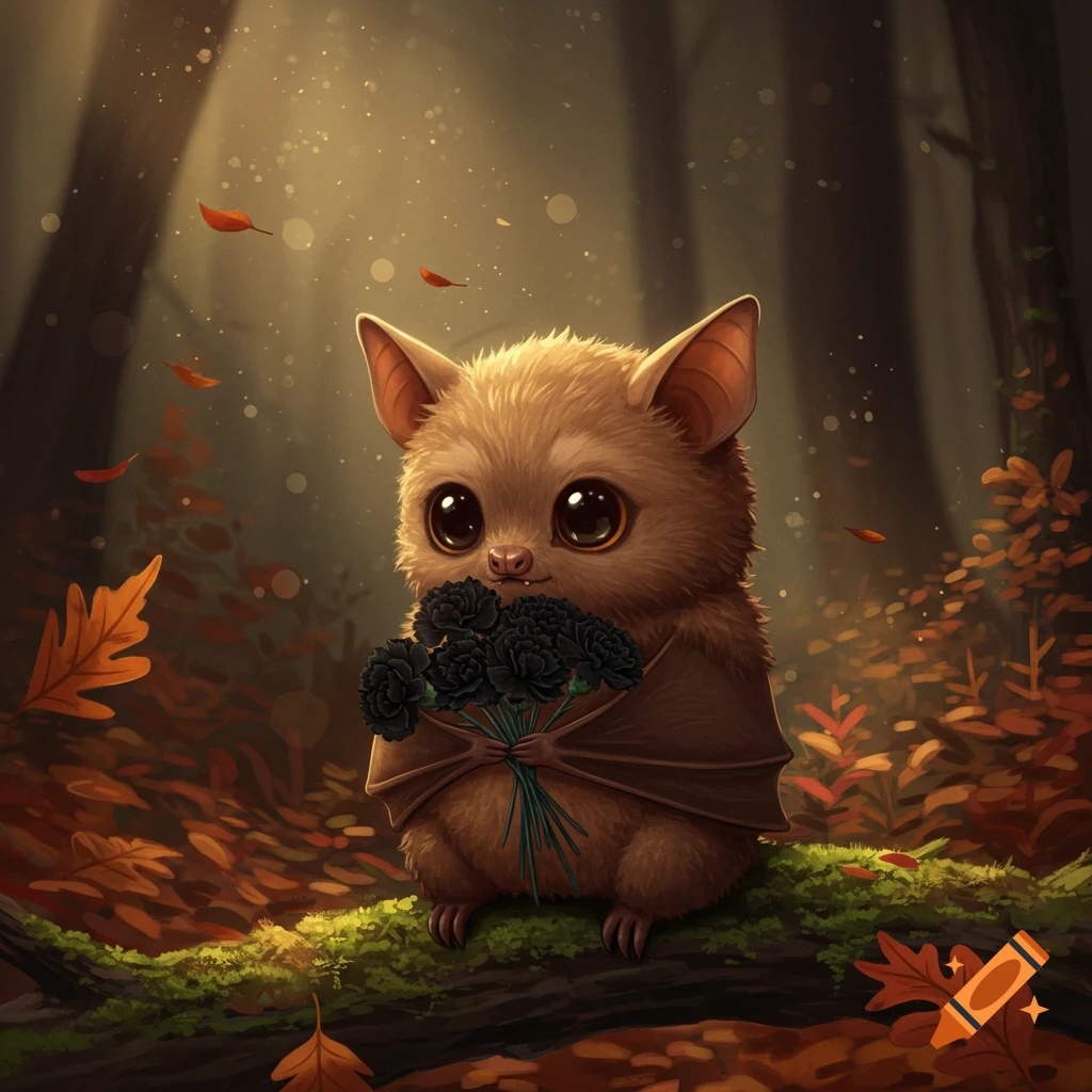 A cute fluffy bat sits on a mossy log, holding a bouquet of black ...