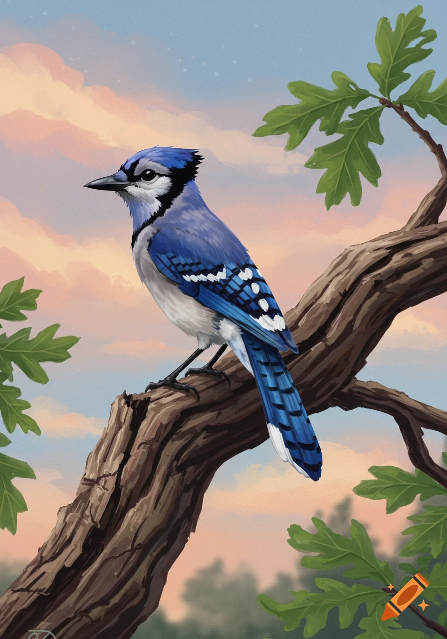 A blue jay perches on a tree branch against a colorful sunset sky in a painting. on Craiyon