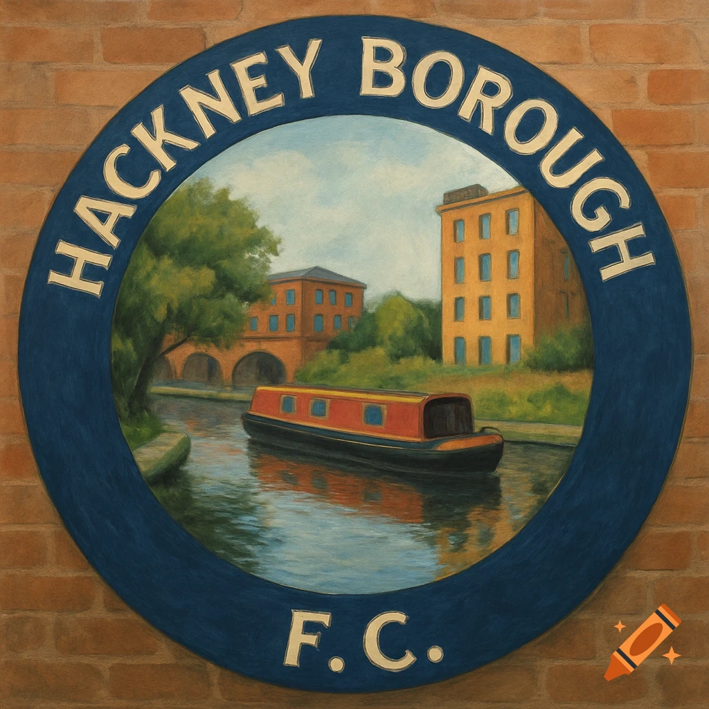 Painted logo of Hackney Borough FC with a canal boat and buildings. on ...