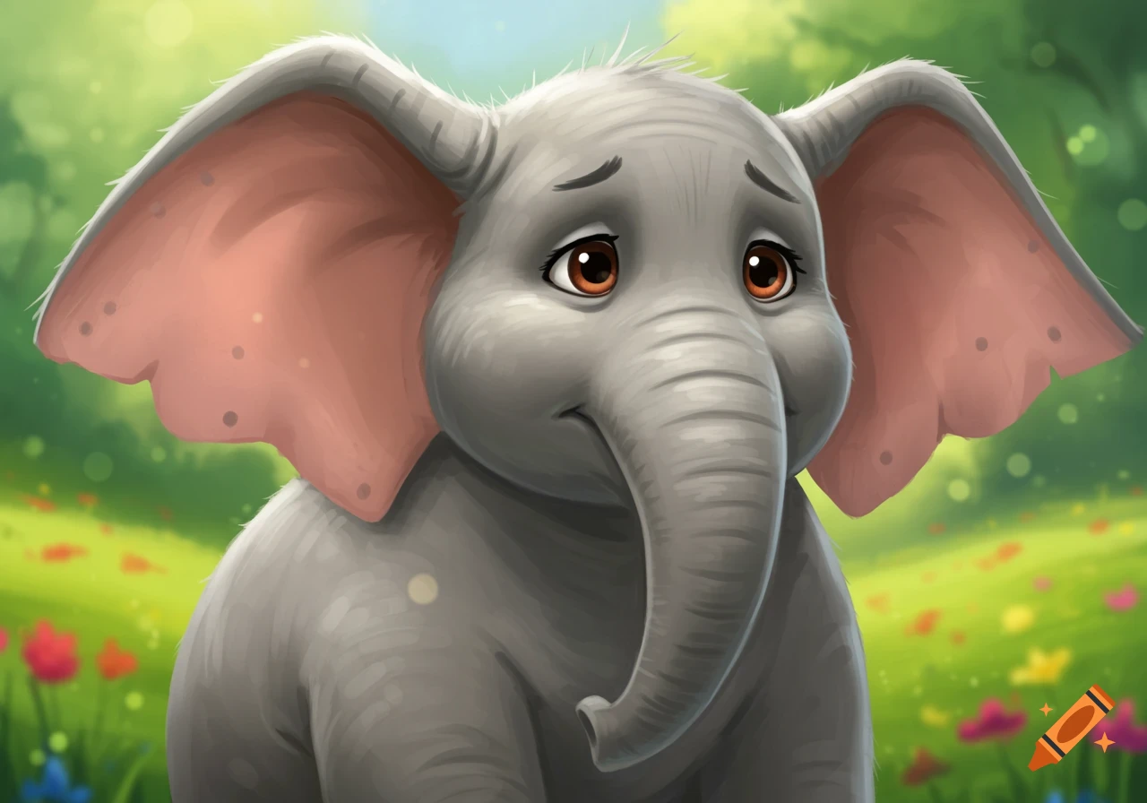 Close-up of a sad or pensive cartoon baby elephant in a field of ...