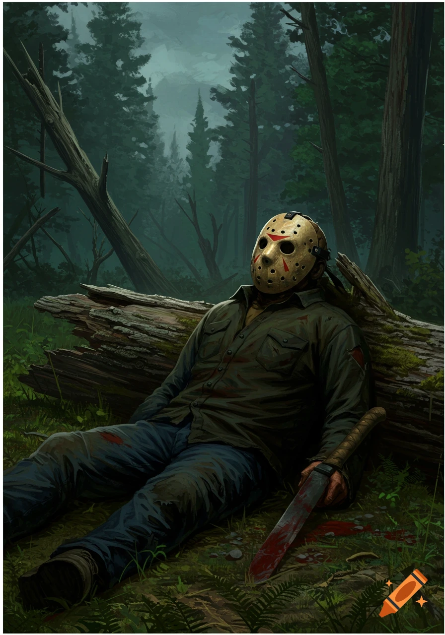 Illustrated depiction of Jason Voorhees lying defeated in a forest ...
