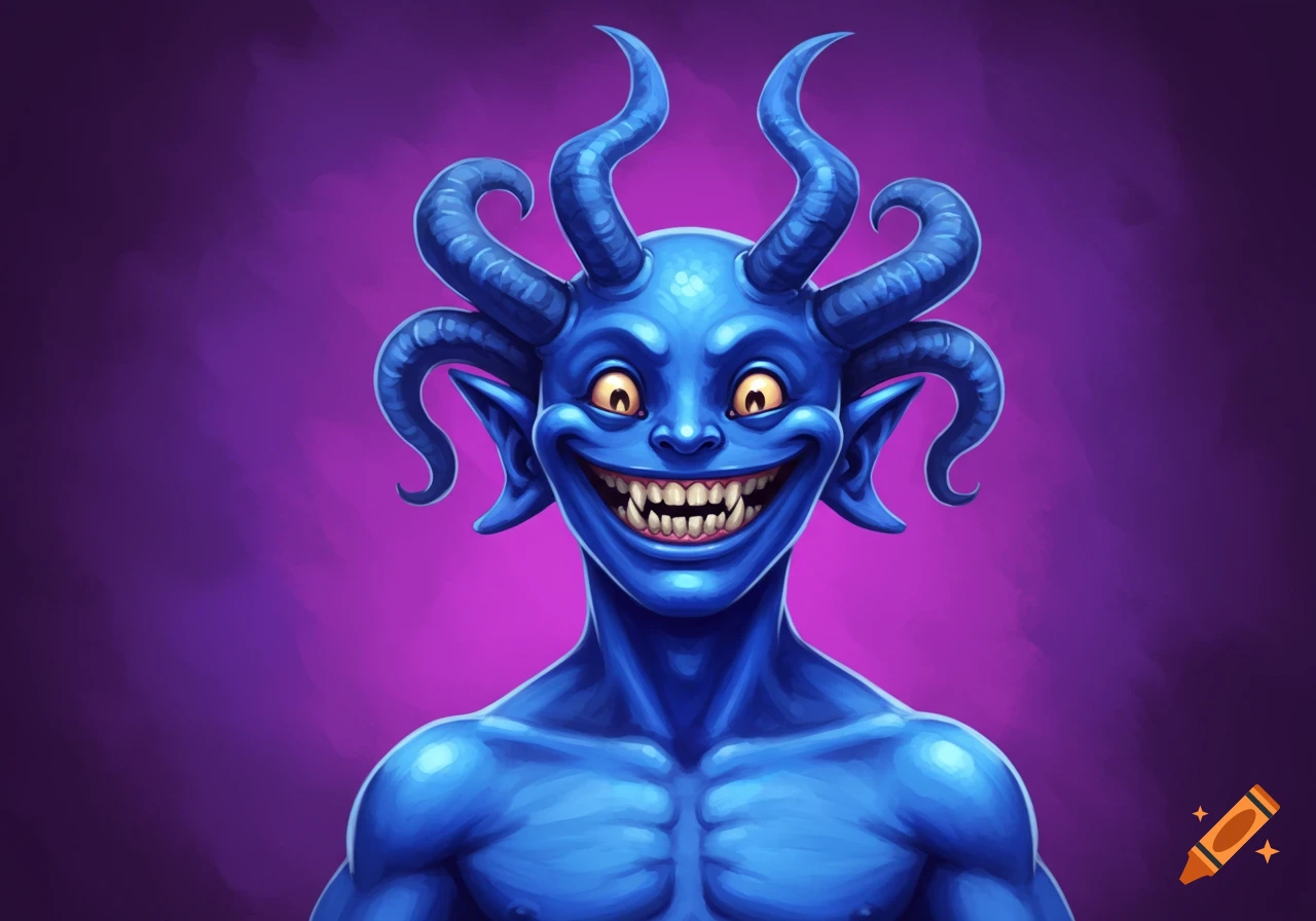 Illustration of a grinning blue demon with multiple horns and sharp ...