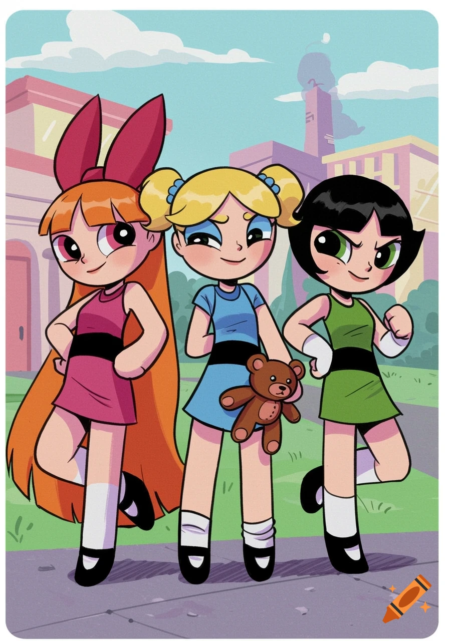 Cartoon illustration of Blossom, Bubbles, and Buttercup standing ...